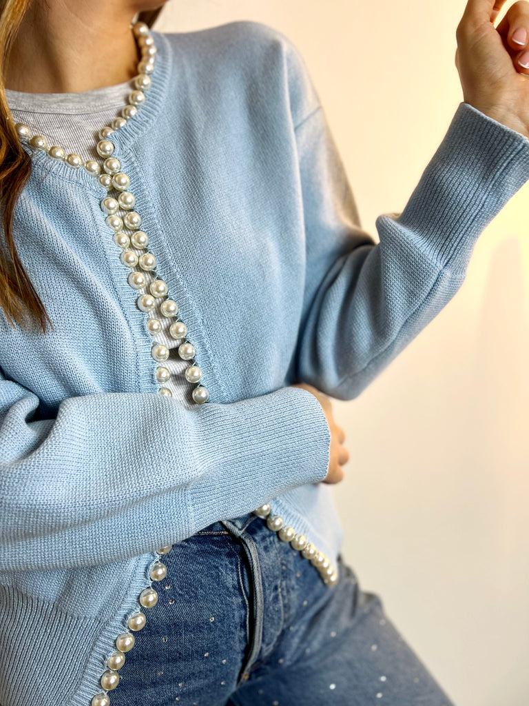 Cotton knit blue cardigan with pearl trim – Self-same